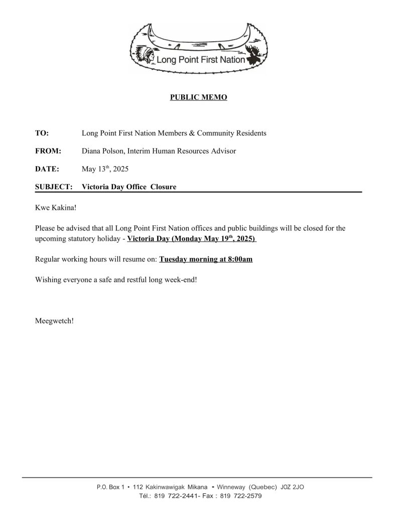 Victoria Day Office Closure – May 19, 2025 | News | Long Point First Nation Victoria Day Office Closure – May 19, 2025 | News | Long Point First Nation