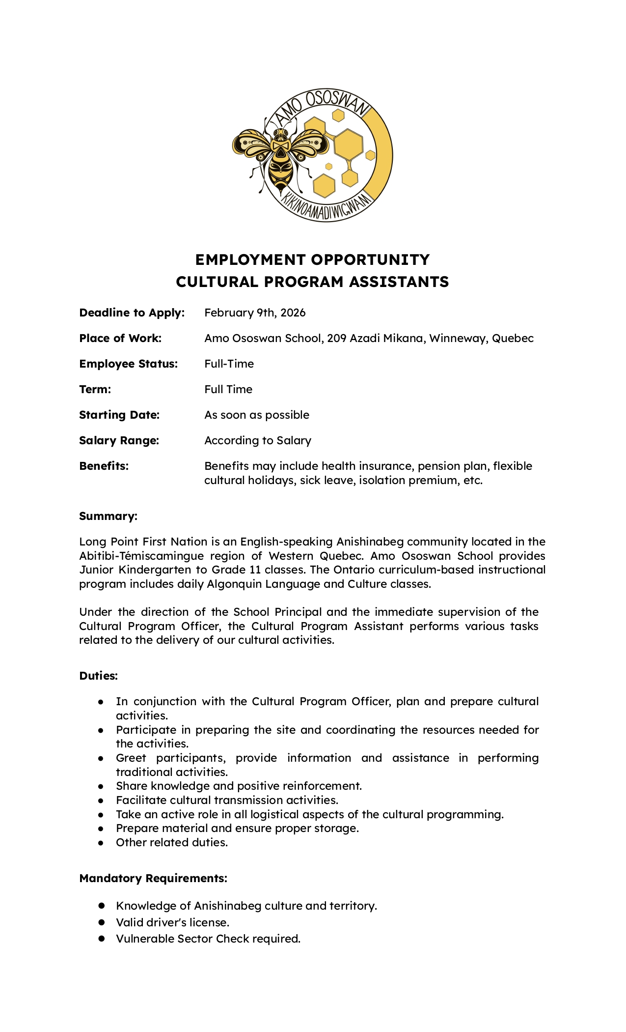 Job Opportunity – Cultural Program Assistant(s) (Amo Ososwan School ...